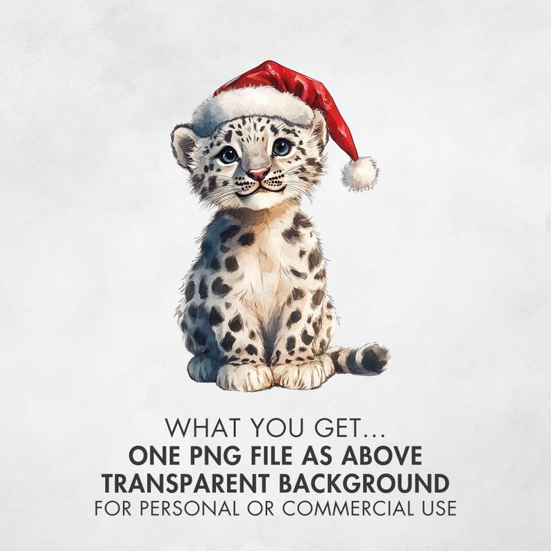 Snow Leopard in Santa Hat Clipart, SINGLE IMAGE, Commercial Use ...