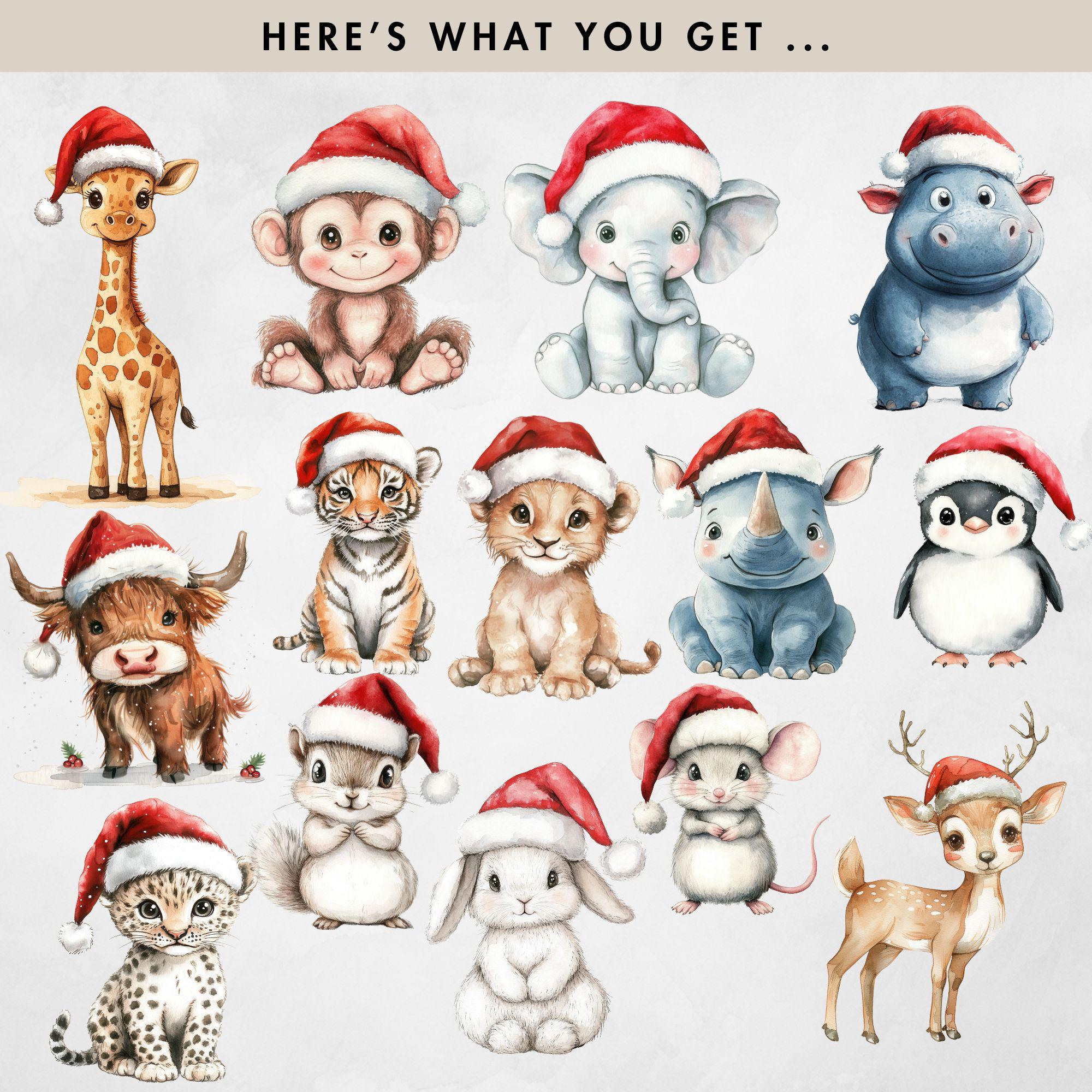 Baby Animals in Santa Hats Clipart, Commercial Use, Transparent PNG ...
