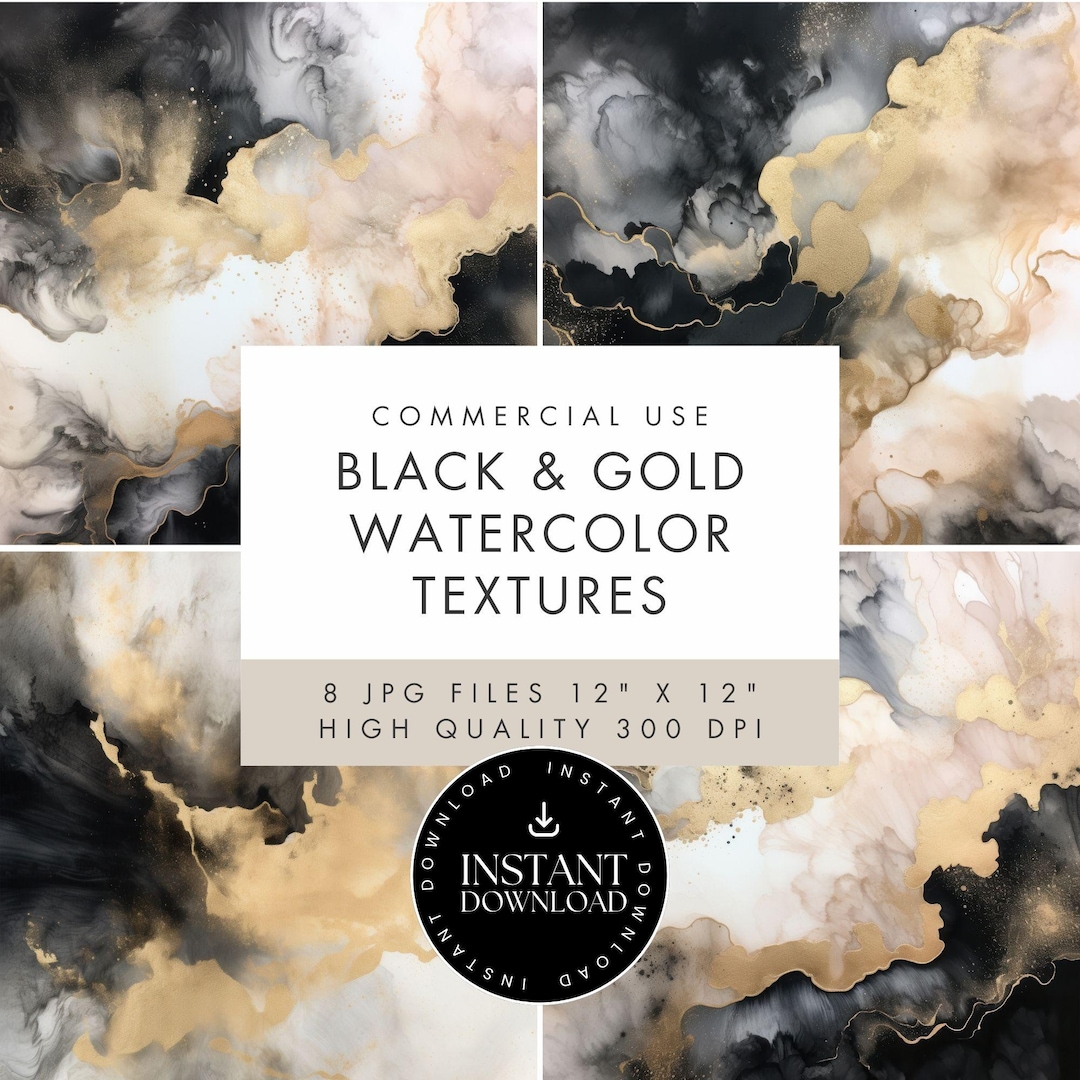 Black & Gold Watercolor Washes, Background Textures, JPG INSTANT ...