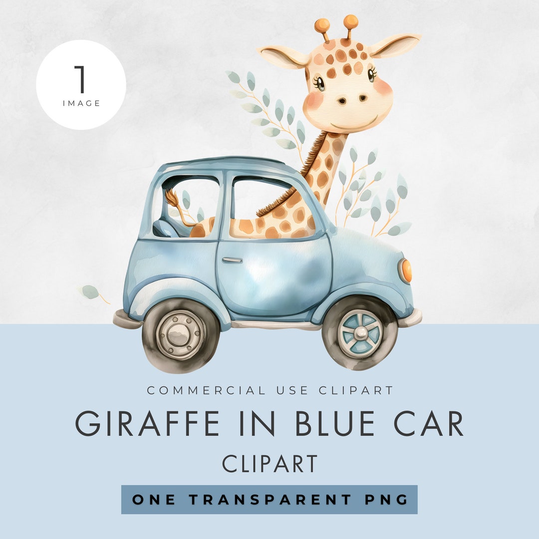Giraffe in Blue Car Clipart, SINGLE IMAGE, Commercial License ...