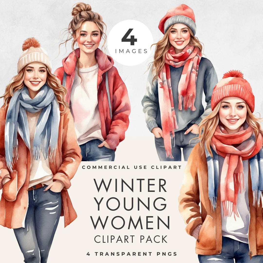Winter Girls Clipart: Watercolor Trendy Teens (4 PNG Images, Commercial ...