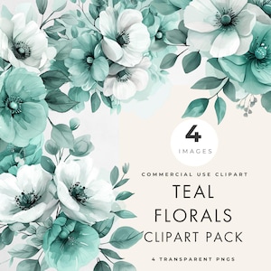 Teal Floral Clipart, Commercial Use, Transparent PNG, Watercolor ...