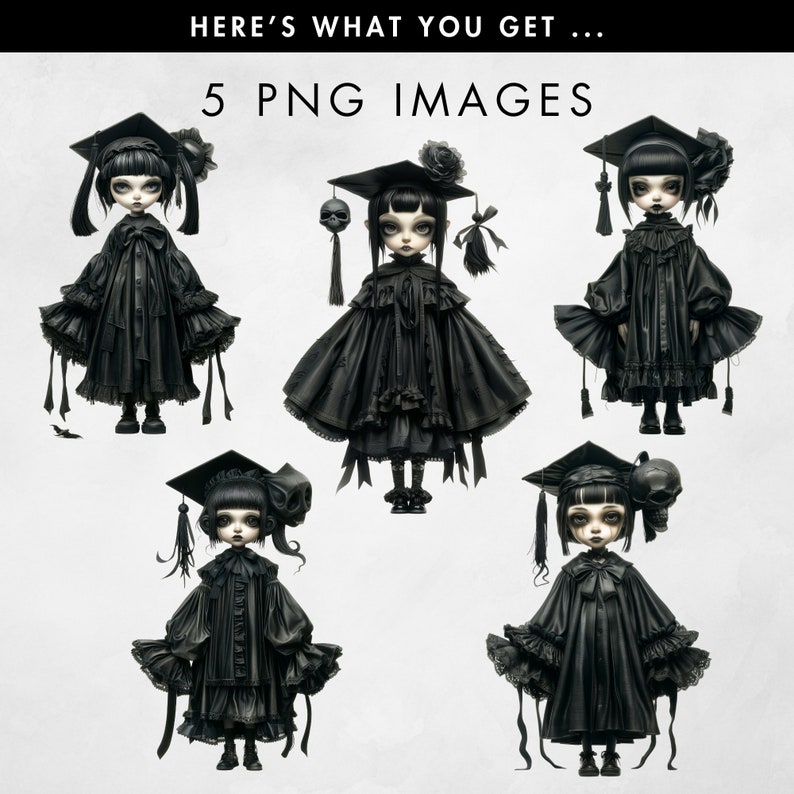 Quirky Gothic Girl Grad Clipart, Whimsical Character, 5 IMAGES ...