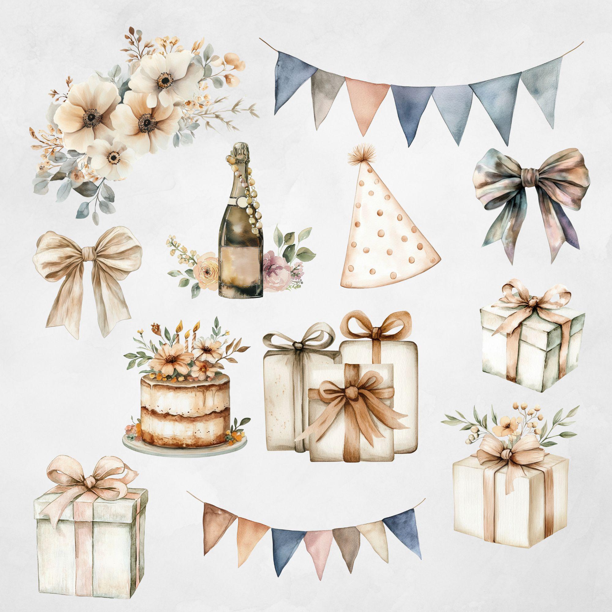 Boho Birthday Party Clipart, Watercolor Clip Art, Commercial Use ...