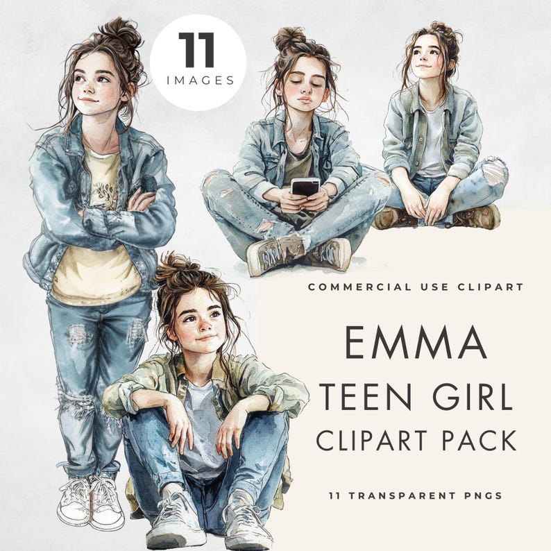 Teen Girl Clipart Set, Character in Various Poses, Commercial Use ...
