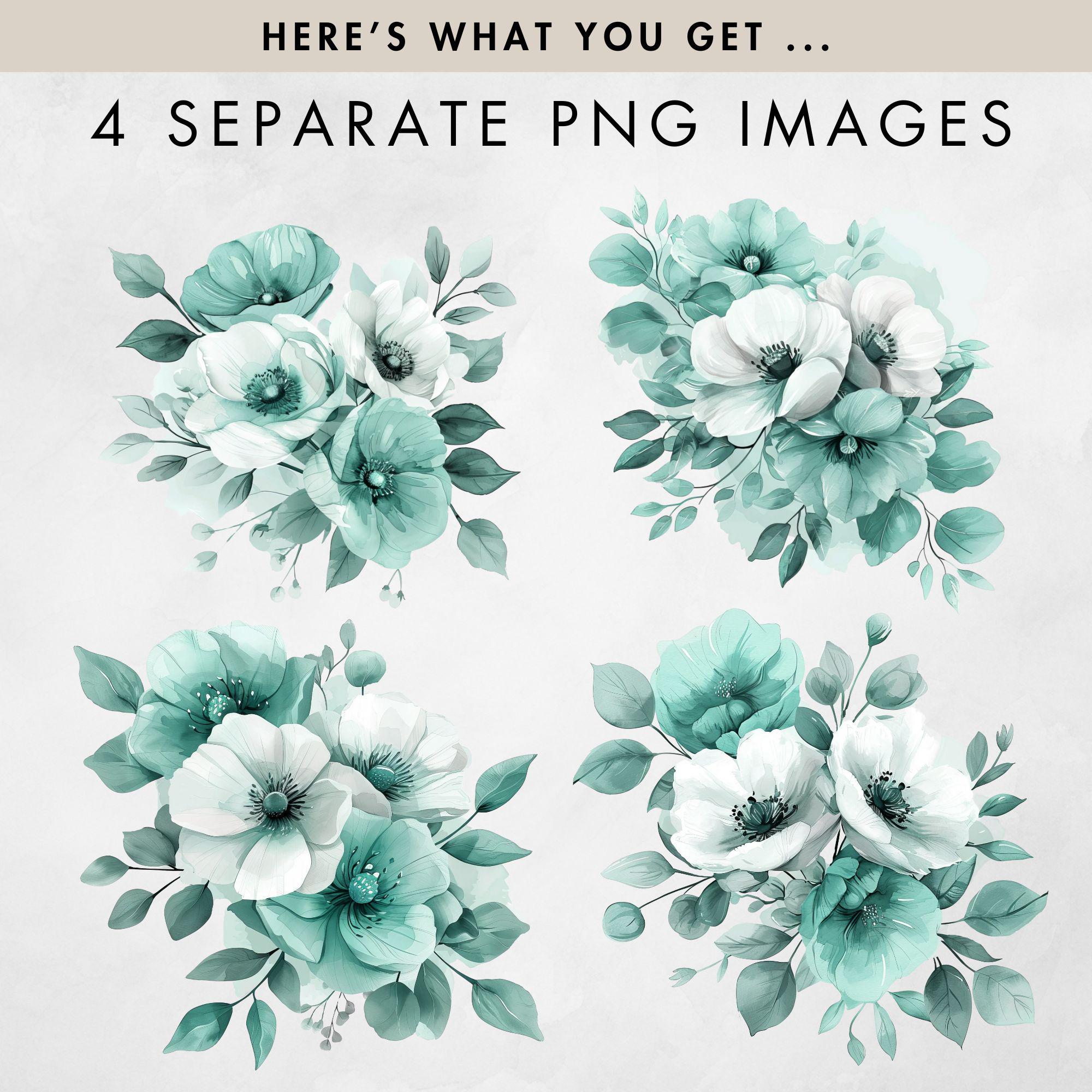 Teal Floral Clipart, Commercial Use, Transparent PNG, Watercolor ...