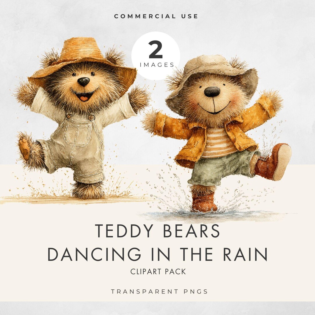 Teddy Bear in Rain Clipart – Watercolor Animal, Commercial Use ...