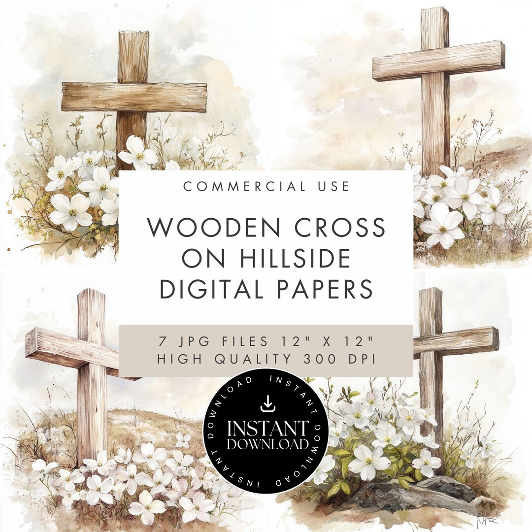 Wooden Cross Digital Papers, JPG INSTANT DOWNLOAD, Cross & Florals ...