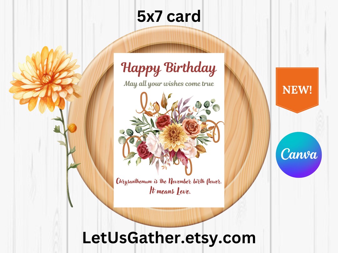 Chrysanthemum November Birthday Card, Floral Design (instant Download ...