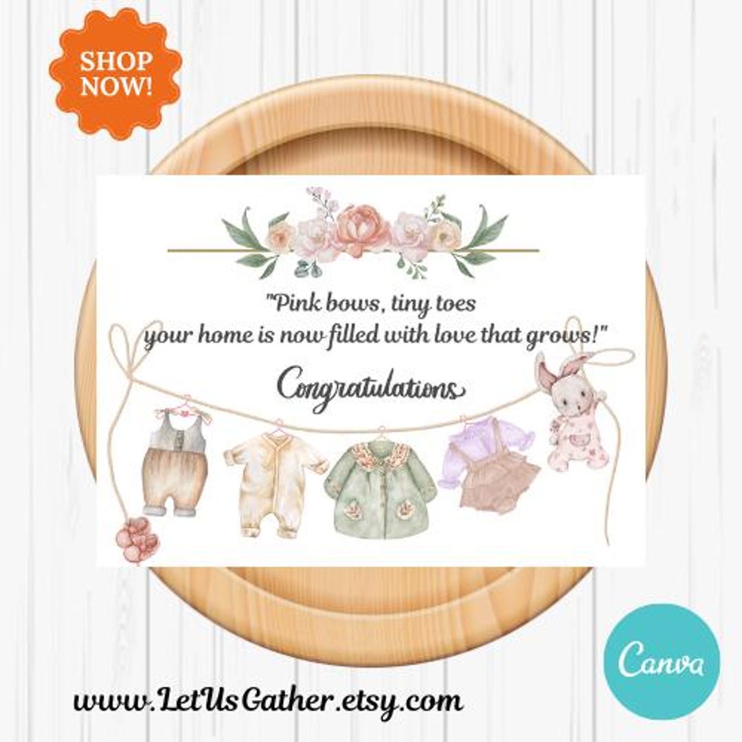 Welcome Baby Girl Card Printable, Modern Baby Shower Card, Cute Stuffed ...