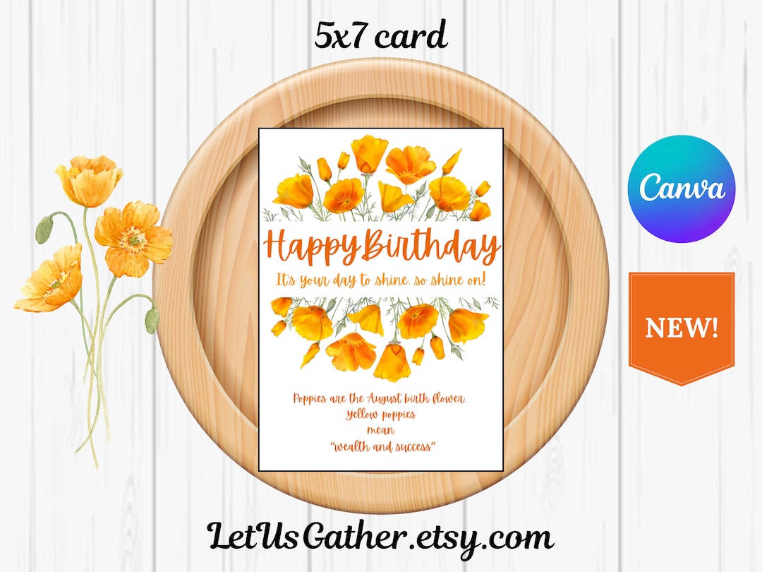 August Birthday Card, Yellow Poppy, Birthday Card, Digital Card, Poppy ...