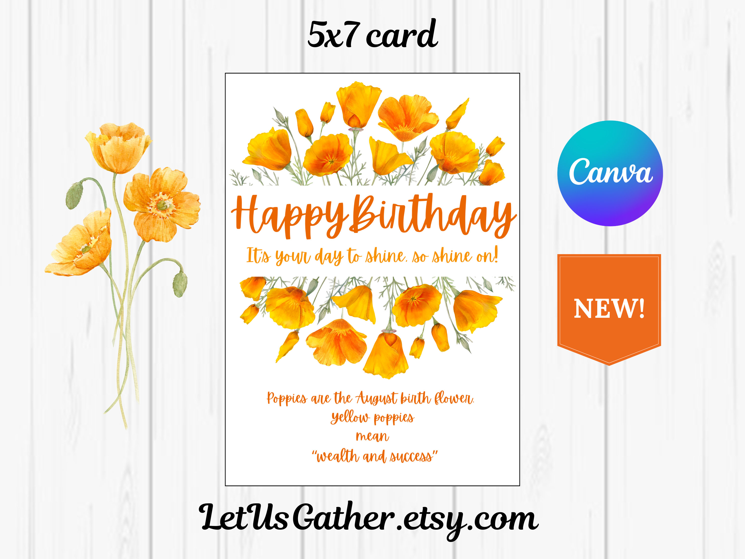 August Birthday Card, Yellow Poppy, Birthday Card, Digital Card, Poppy ...