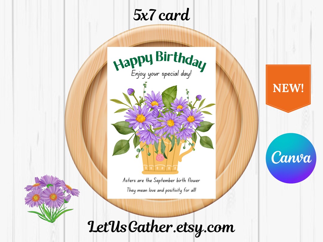 September Birthday Card, Purple Asters Card, Printable Card, Flower ...
