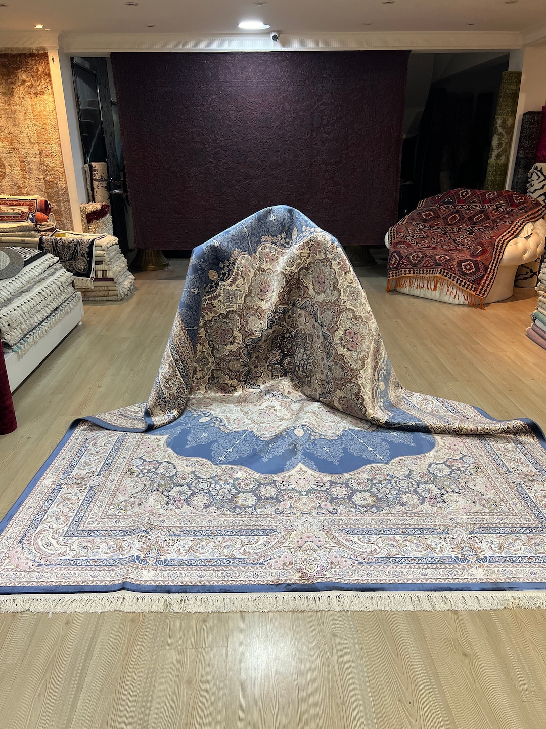 Blue Silk Rug, Oversize Blue Rug, 8x11 Silk Rug, Ottoman Silk Rug ...