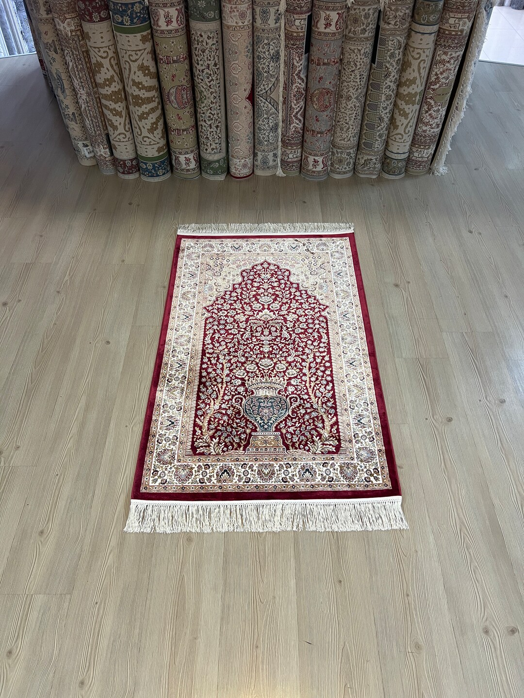 Sejjadeh Rug, Janamaz Mat, Red Prayer Rug, Ramadan Gift, Red Silk ...