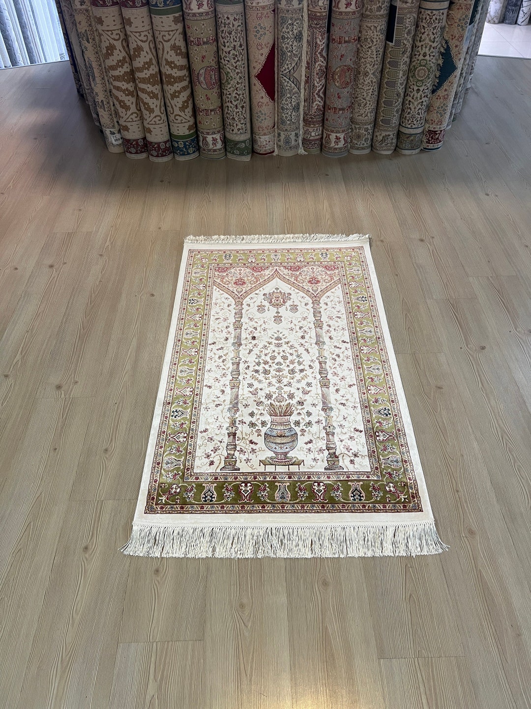 Silk Prayer Mat, White Green Prayer Rug, Bamboo Prayer Mat, Janamaz Mat ...