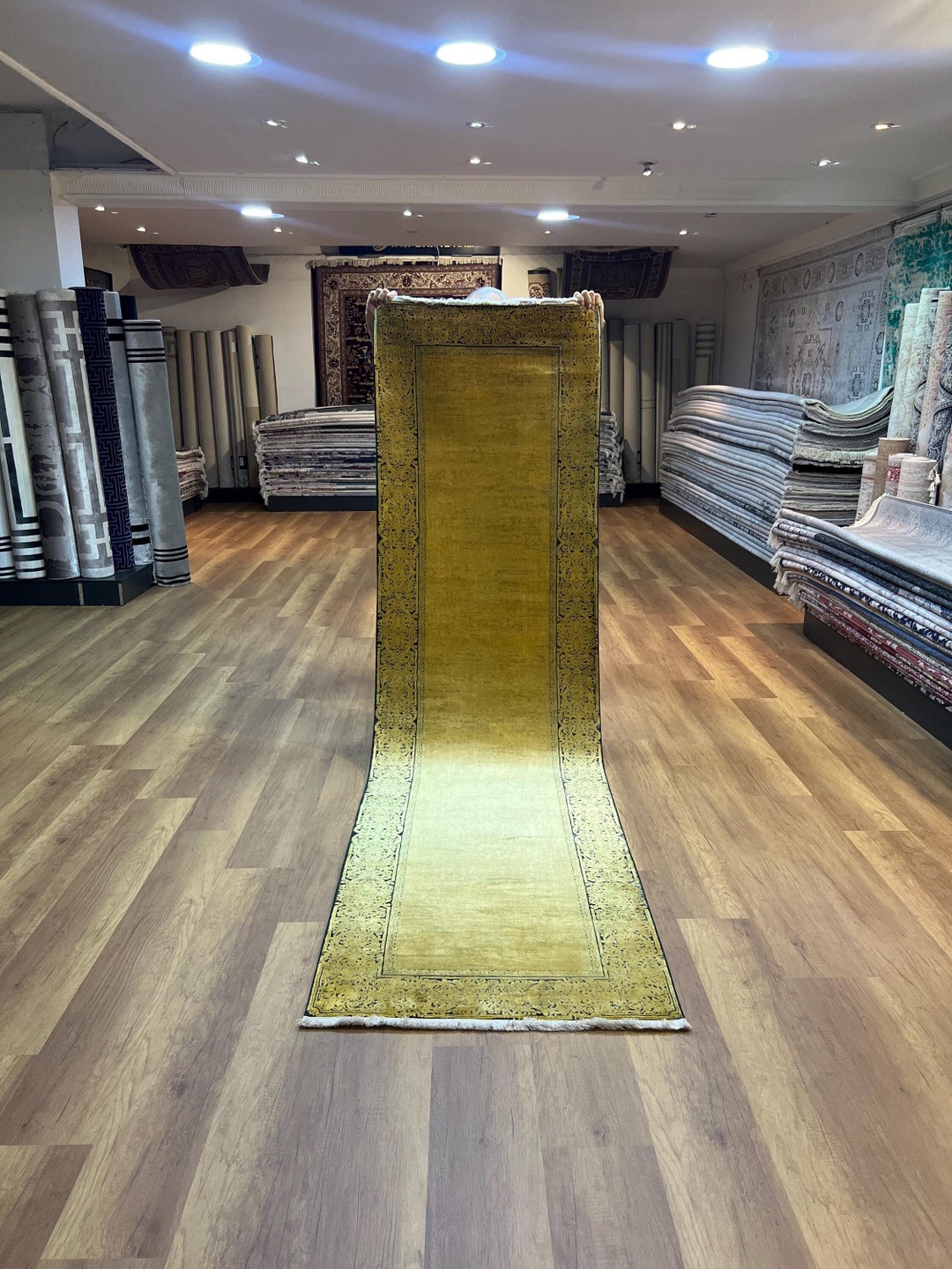 Gold Runner Rug, Gold Silk Rug, Bordered Rınner Rug, Hallway Rug, 3x10 ...