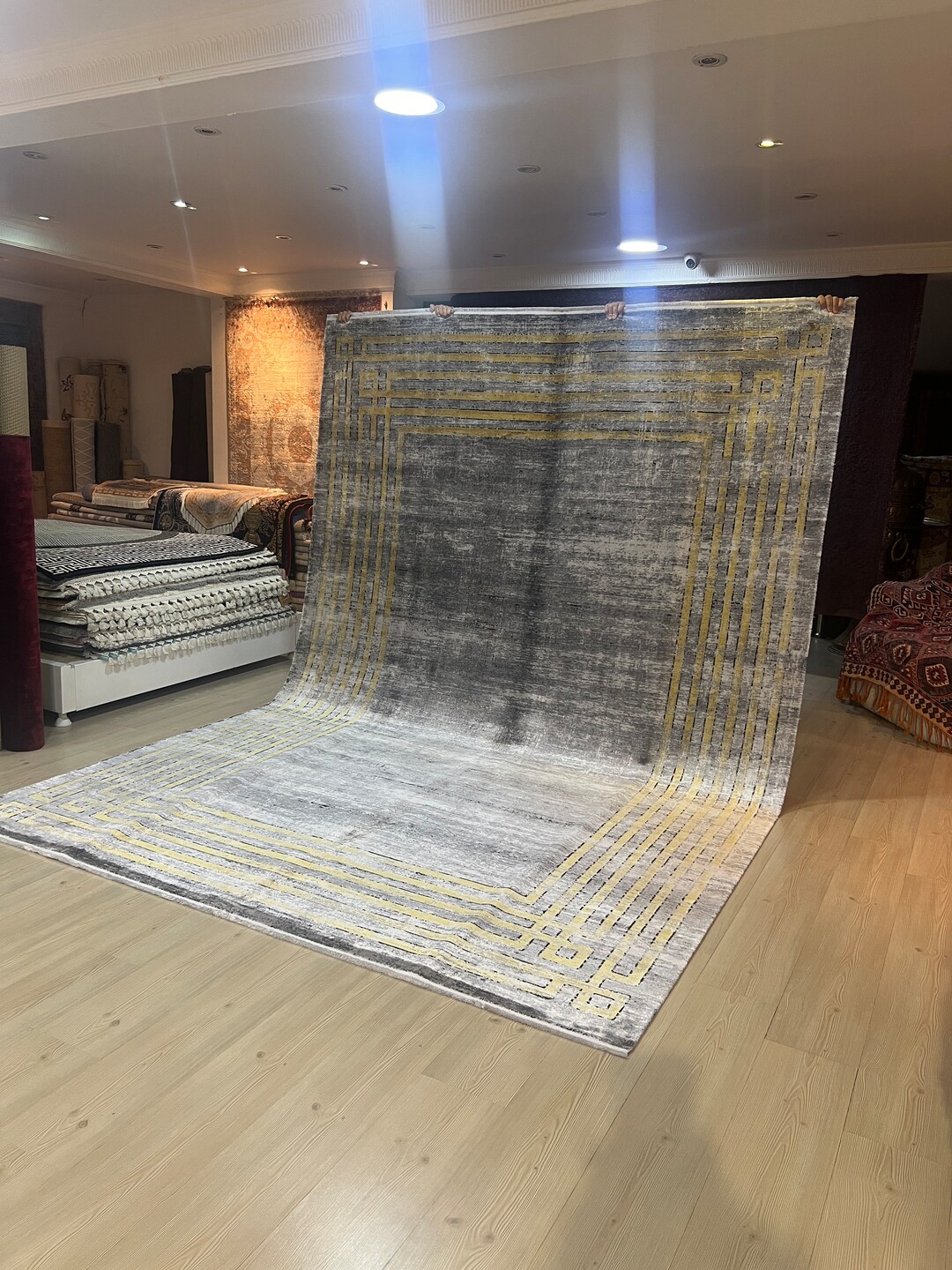 8x11 Silk Rug, Oversize Modern Rug, Framed Rug, Grey Yellow Rug, Grey ...