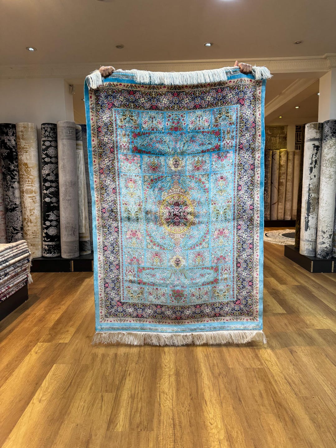 Blue Silk Rug, Luxury Silk Rug, Flower Design Rug, Small Silk Rug, 3x5 ...