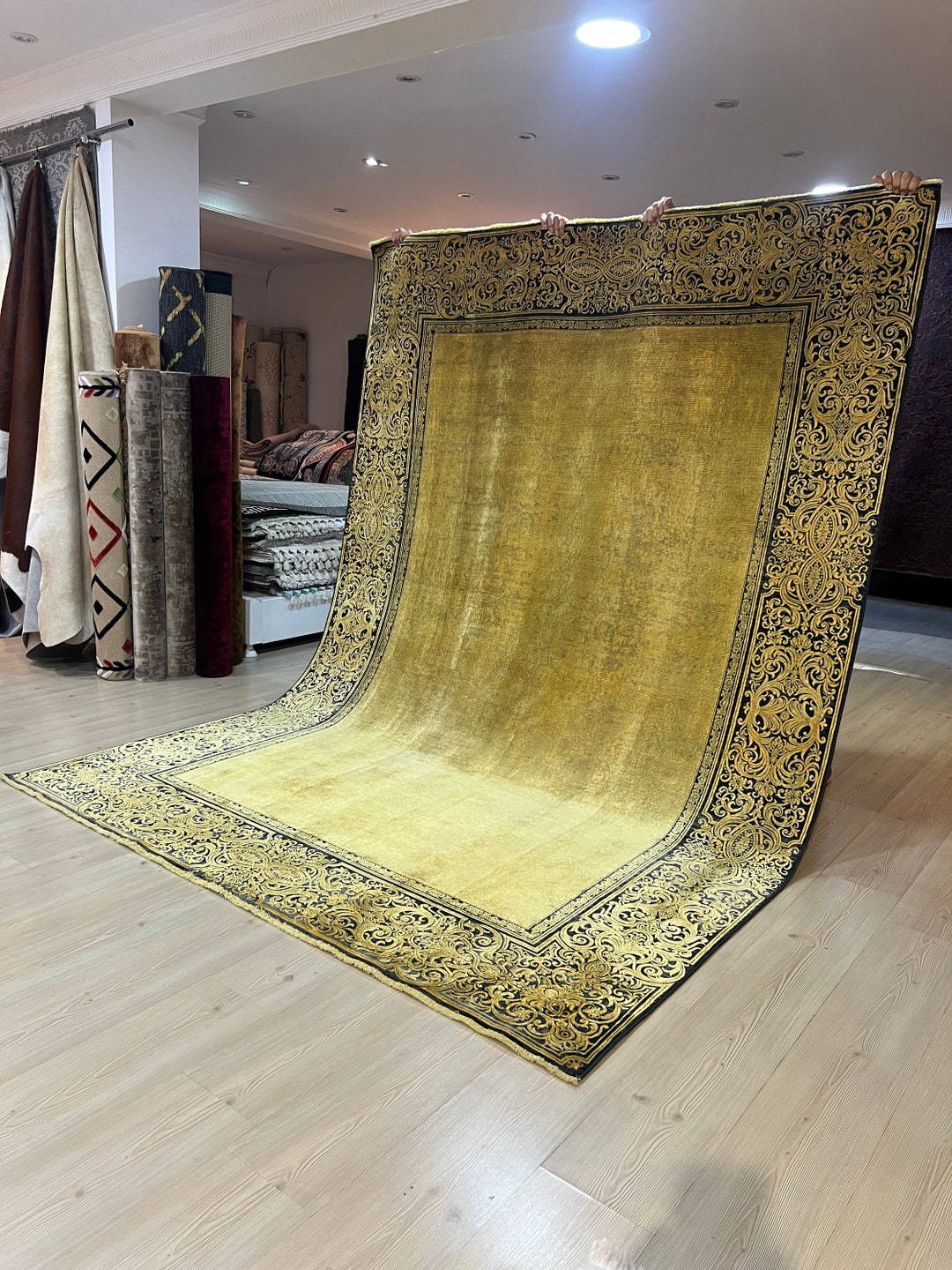 Yellow Silk Rug, 7x10 Area Rug, Bordered Rug, Yellow Plain Rug, Large ...