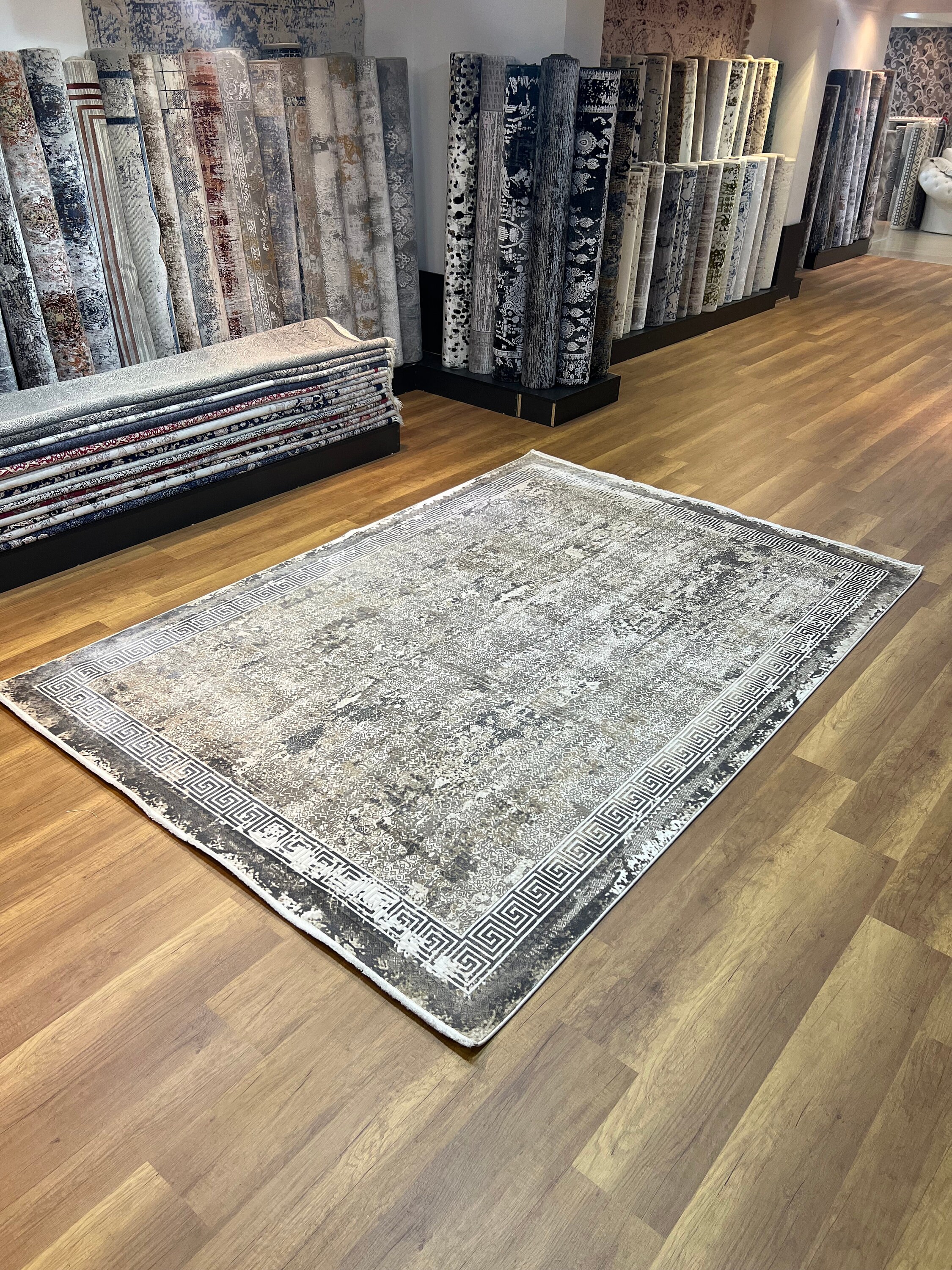 Cream Gray Carpet, Modern Rug, Bordered Rug, Bamboo Silk Rug, Rustic ...