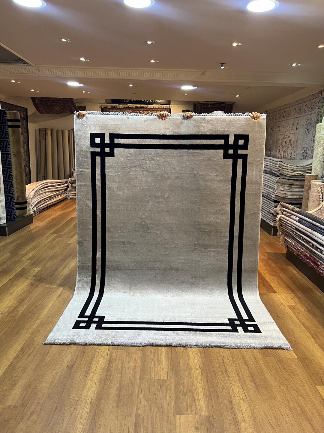 Framed Rug, Gray Black Rug, Modern Rug, Plain Rug, Bamboo Silk Rug ...