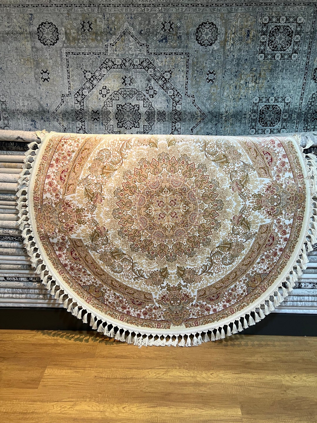 5x5 Round Rug, Beige Round Rug, Unique Silk Rug, Traditional Circle Rug ...