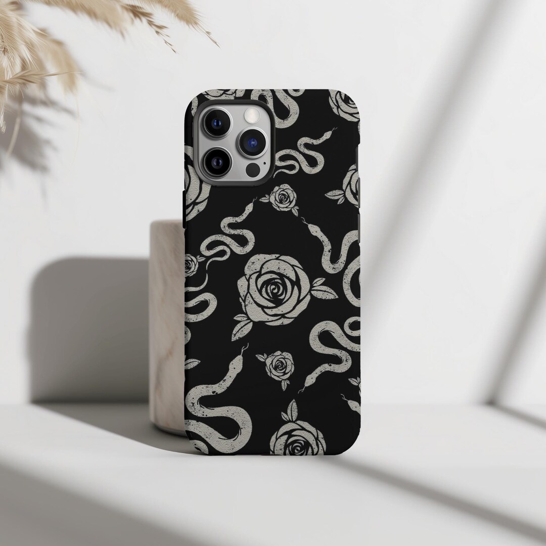 Snakes and Roses Phone Case, Gothic Tough Casing, Black iPhone 16 15 ...
