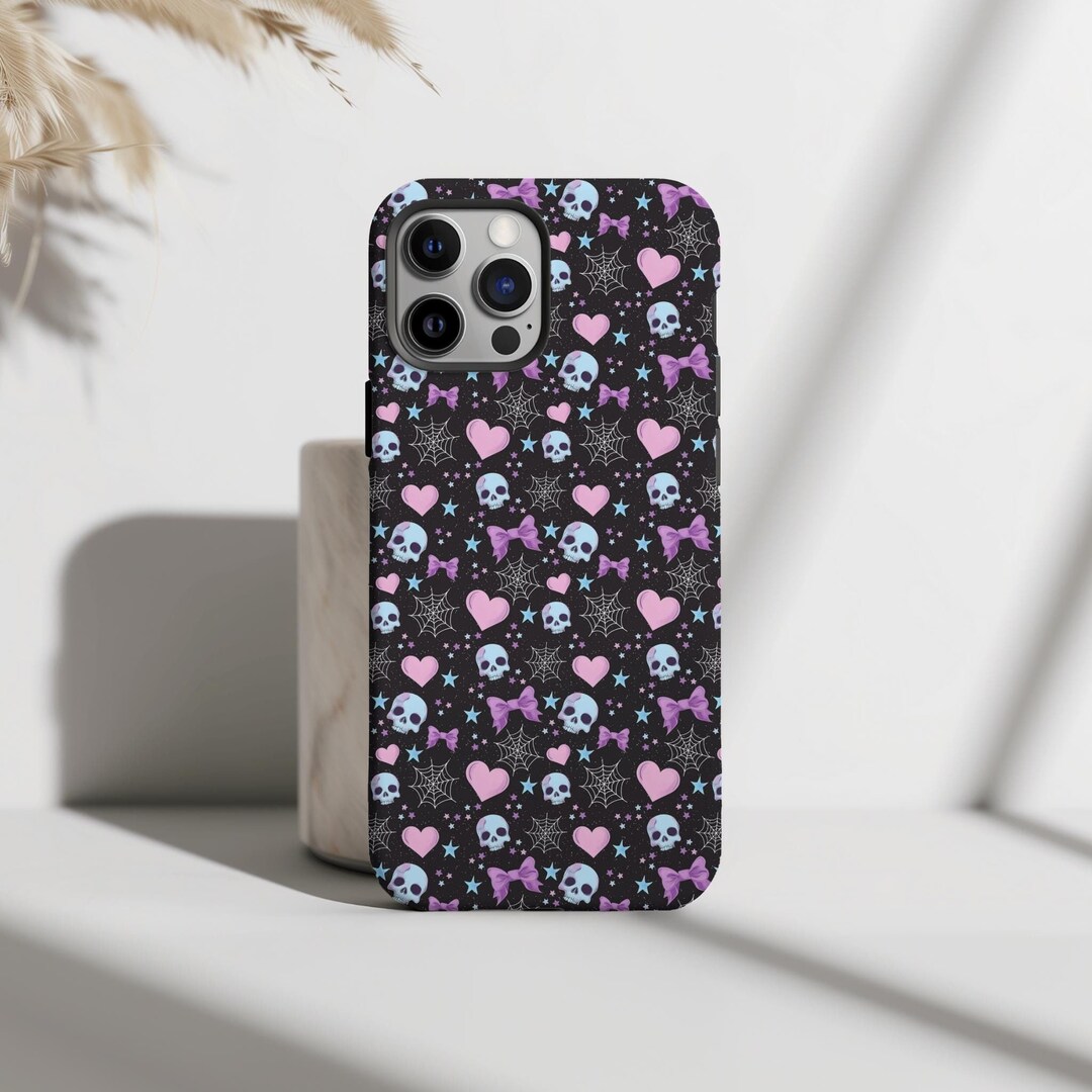 Bows and Skulls Phone Case, Pastel Goth Tough Casing, iPhone 16 15 14 ...