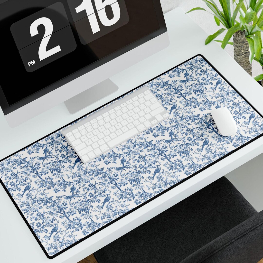 Toile De Jouy Desk Mat, Blue Large Mouse Pad Available in 3 Sizes ...