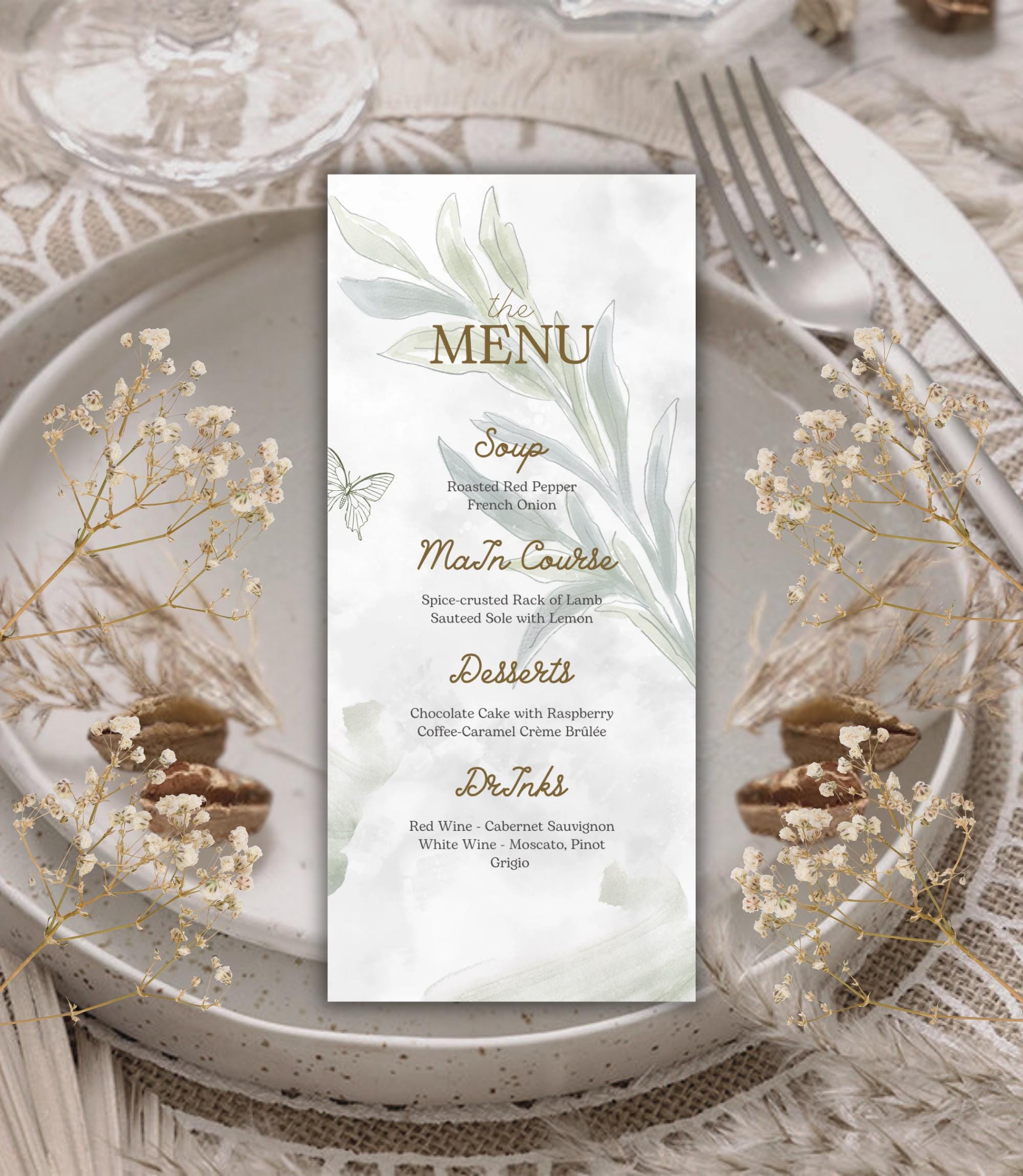 Editable Greenery Olive Tree Menu Card Template, Wedding Dinner Menu ...
