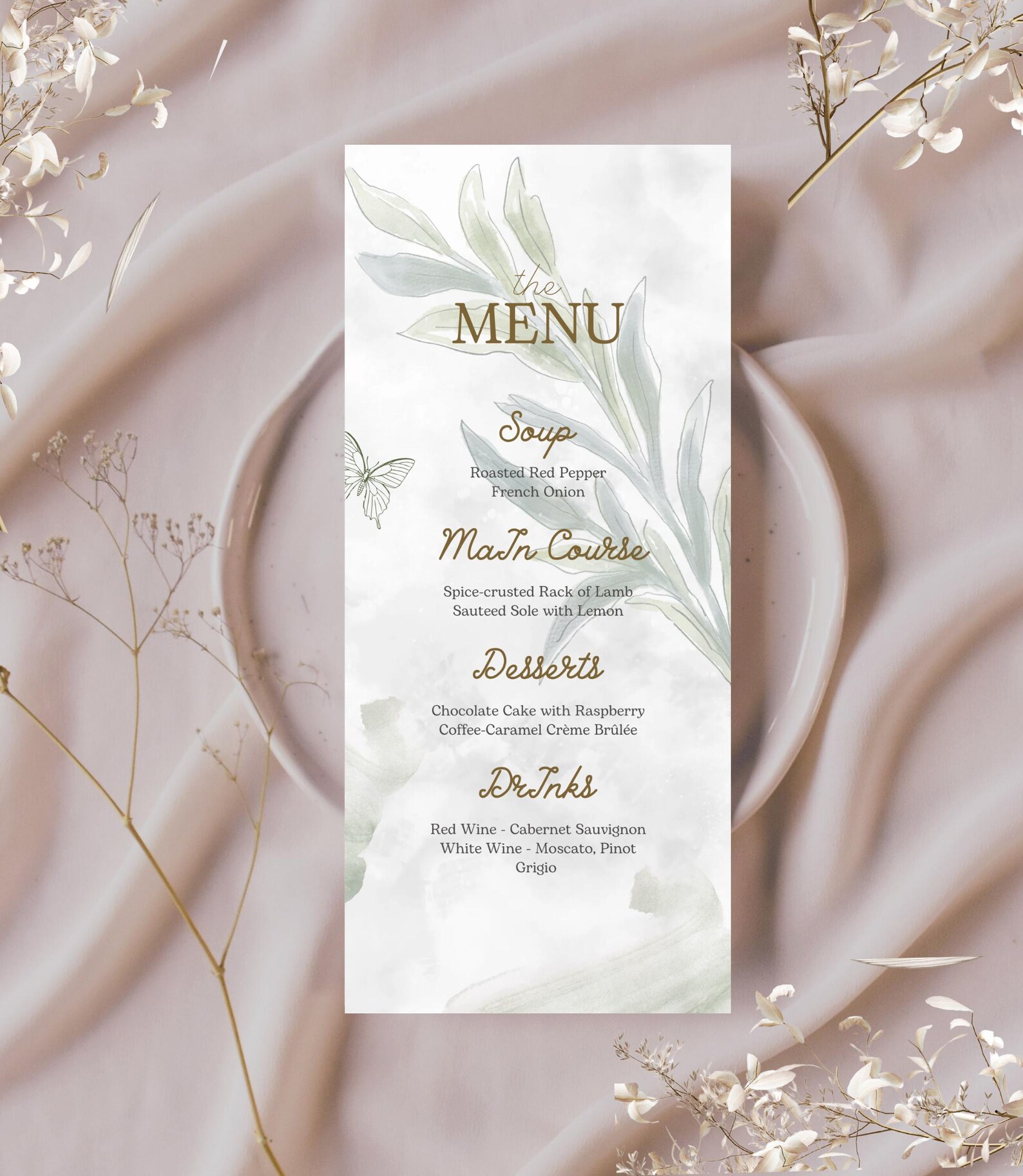 Editable Greenery Olive Tree Menu Card Template, Wedding Dinner Menu ...
