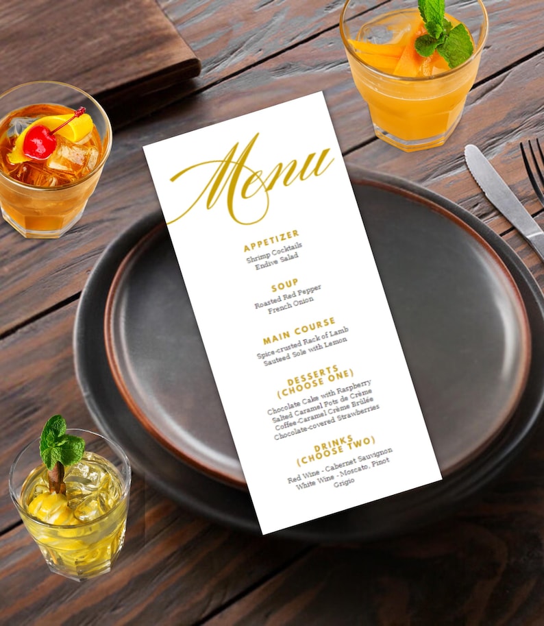 Editable Gold Menu Card Template, Wedding Dinner Menu Gold, Printable ...