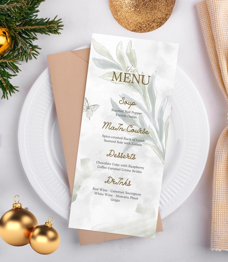 Editable Greenery Olive Tree Menu Card Template, Wedding Dinner Menu ...