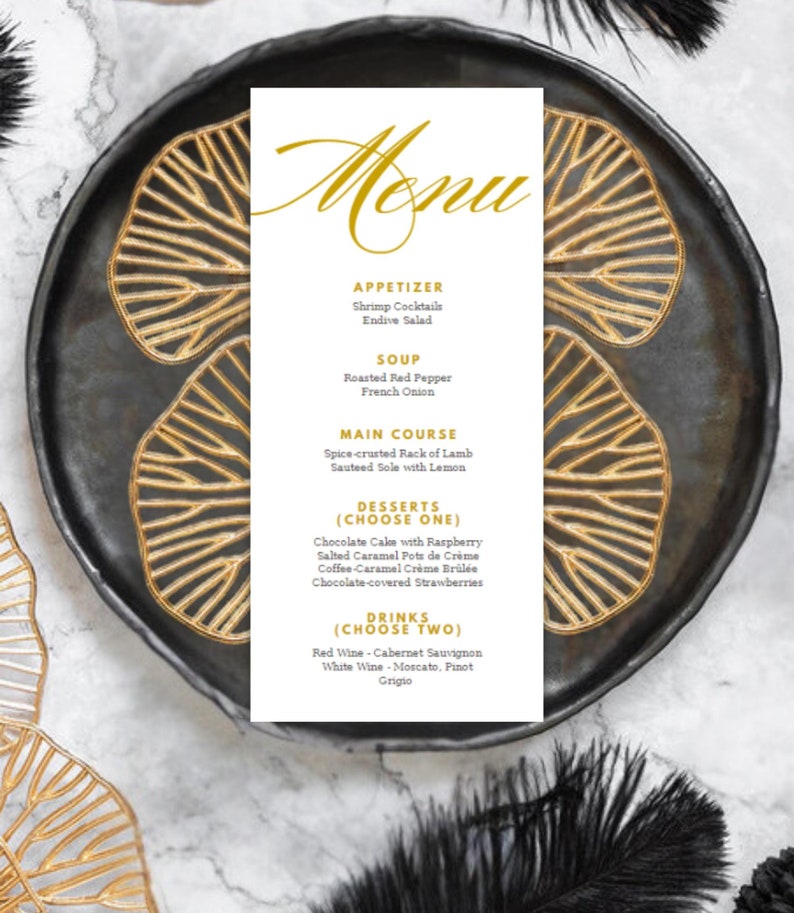 Editable Gold Menu Card Template, Wedding Dinner Menu Gold, Printable ...