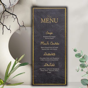 Editable Black Gold Menu Card Template, Wedding Dinner Menu, Printable ...