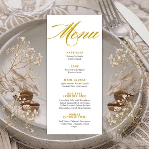 Editable Gold Menu Card Template, Wedding Dinner Menu Gold, Printable ...