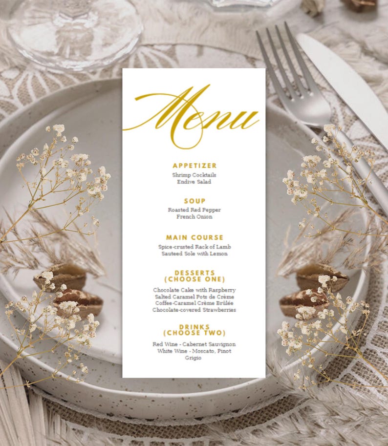 Editable Gold Menu Card Template, Wedding Dinner Menu Gold, Printable ...