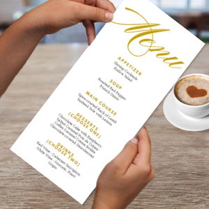 Editable Gold Menu Card Template, Wedding Dinner Menu Gold, Printable ...