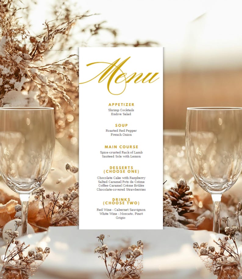 Editable Gold Menu Card Template, Wedding Dinner Menu Gold, Printable ...