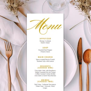 Editable Gold Menu Card Template, Wedding Dinner Menu Gold, Printable ...