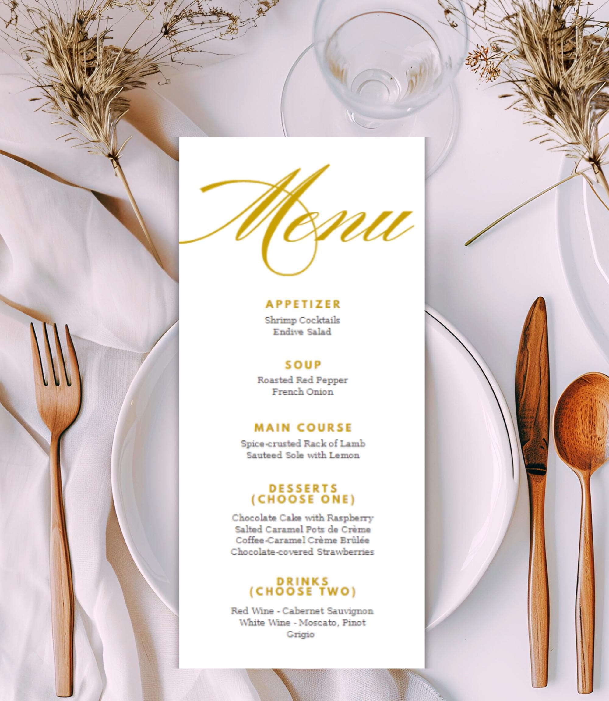 Editable Gold Menu Card Template, Wedding Dinner Menu Gold, Printable ...