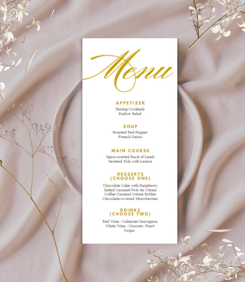 Editable Gold Menu Card Template, Wedding Dinner Menu Gold, Printable ...