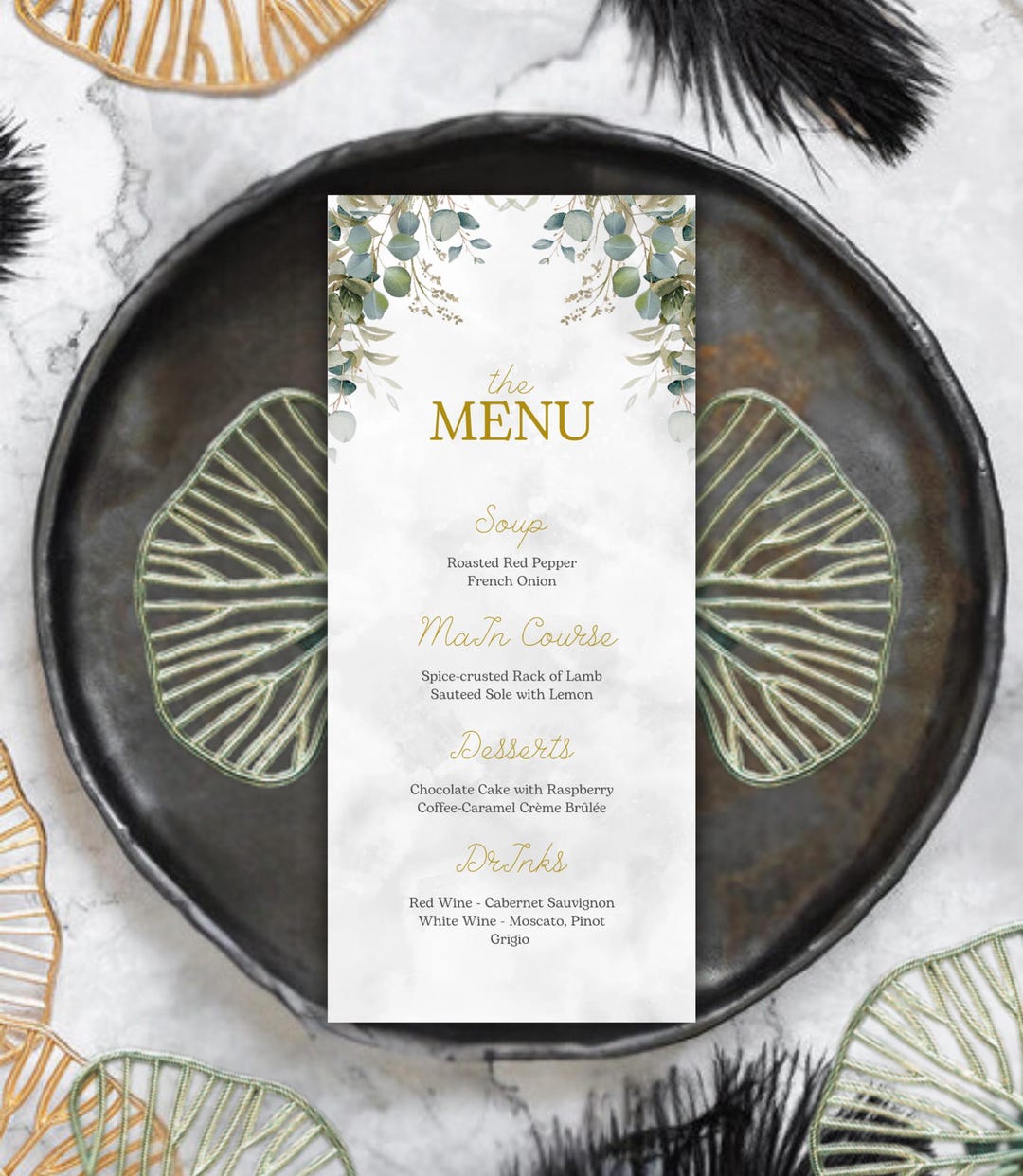Editable Greenery Menu Card Template, Wedding Dinner Menu Olive ...