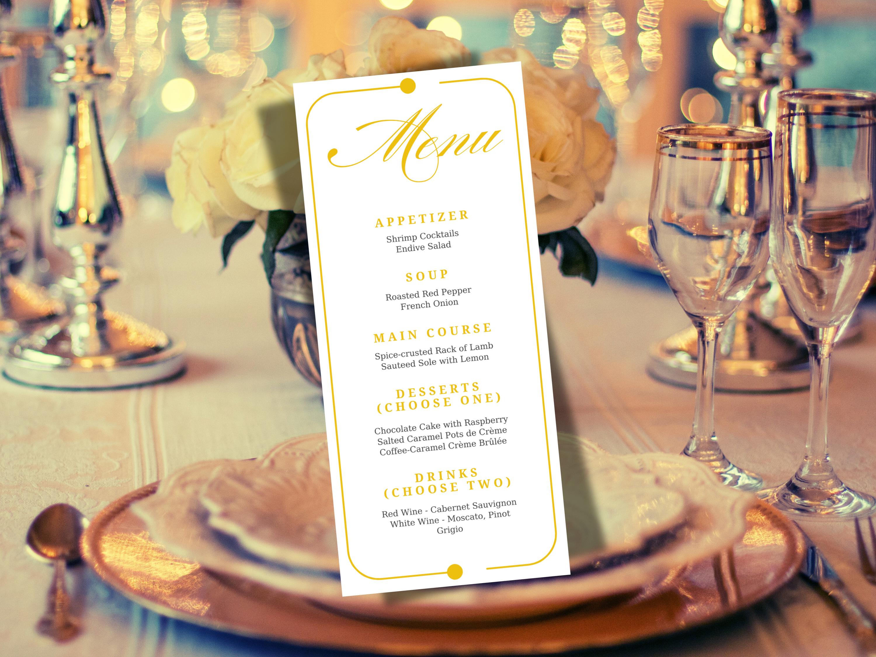 Printable Menu Card Template, Gold Accents, Editable Menu Card, Instant ...