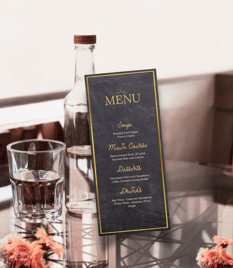 Editable Black Gold Menu Card Template, Wedding Dinner Menu, Printable ...