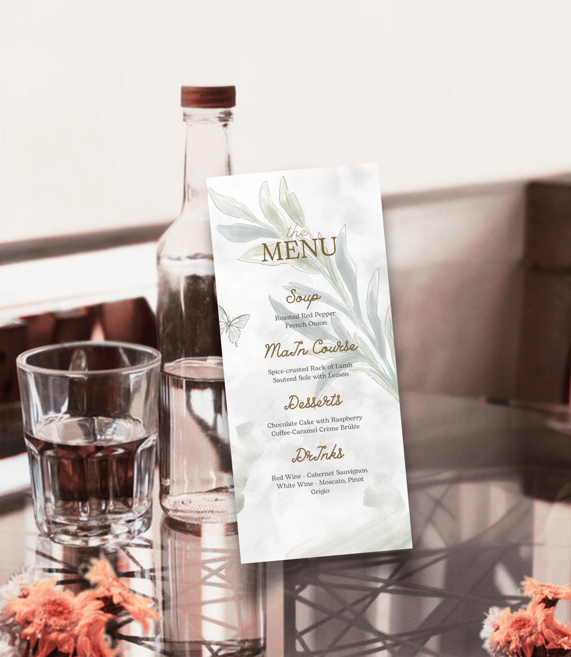 Editable Greenery Olive Tree Menu Card Template, Wedding Dinner Menu ...