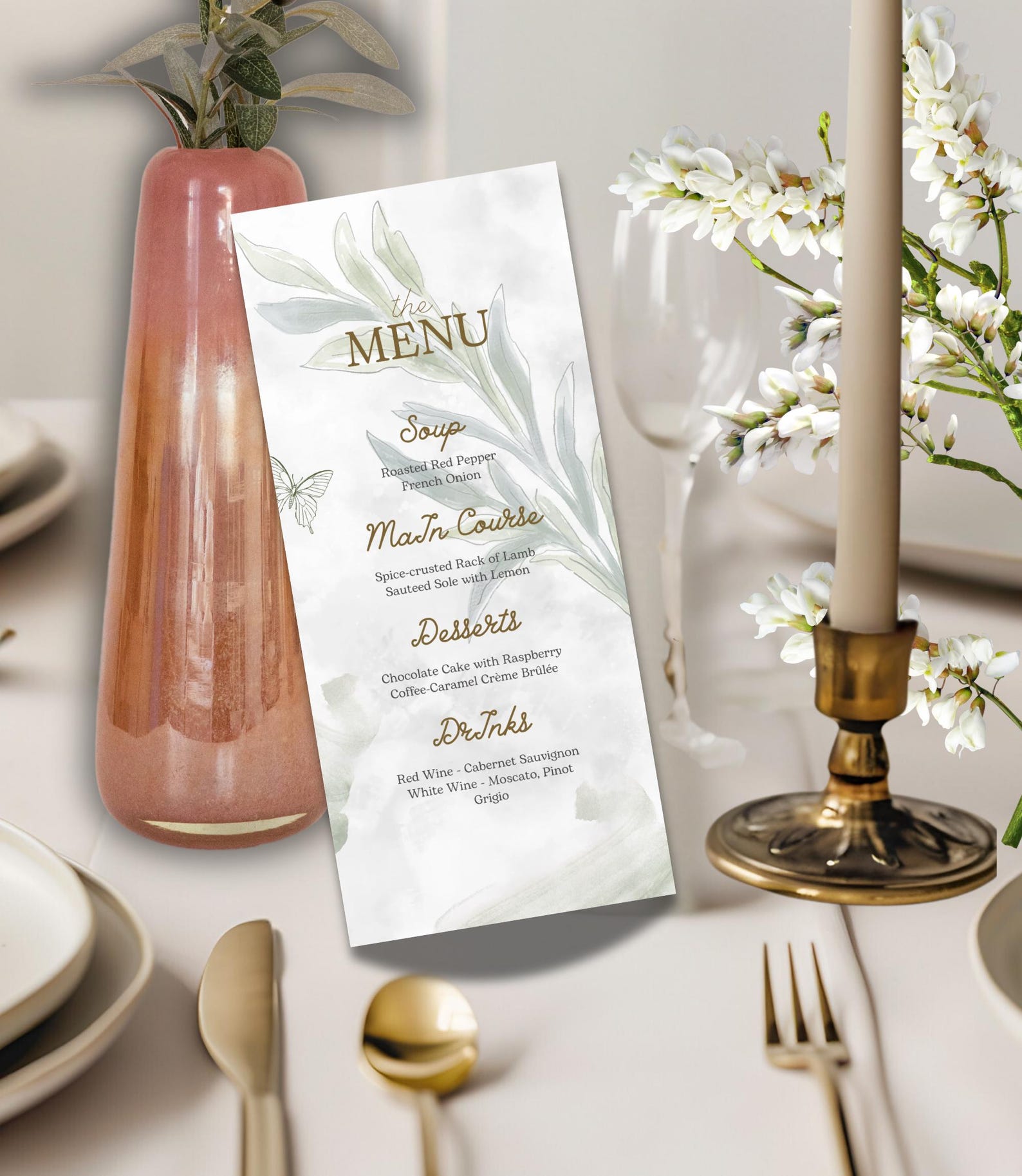 Editable Greenery Olive Tree Menu Card Template, Wedding Dinner Menu ...