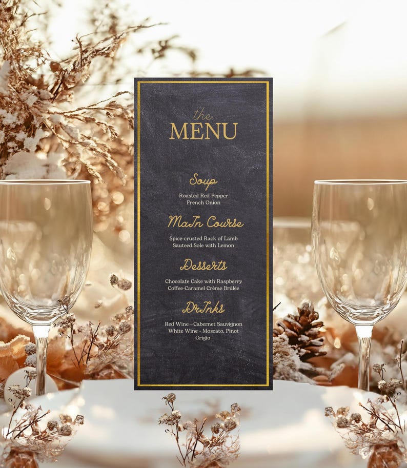 Editable Black Gold Menu Card Template, Wedding Dinner Menu, Printable ...