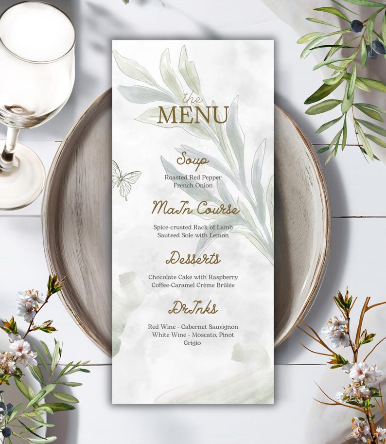 Editable Greenery Olive Tree Menu Card Template, Wedding Dinner Menu ...